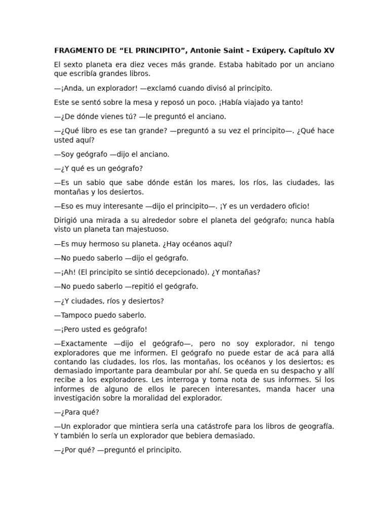 Taller de Lectura Inferencial (El Príncipito Capítulo XV) | PDF