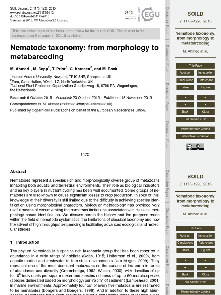 Ahmed Et Al - Nematode Taxonomy From Morpho To Metabarcoding | PDF