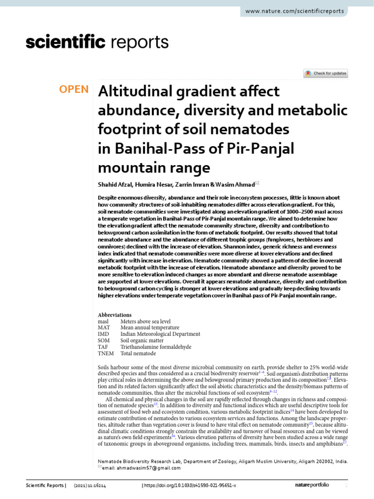 Altitudinal Gradient Affect Abundance, Diversity of Soil Nematodes | PDF