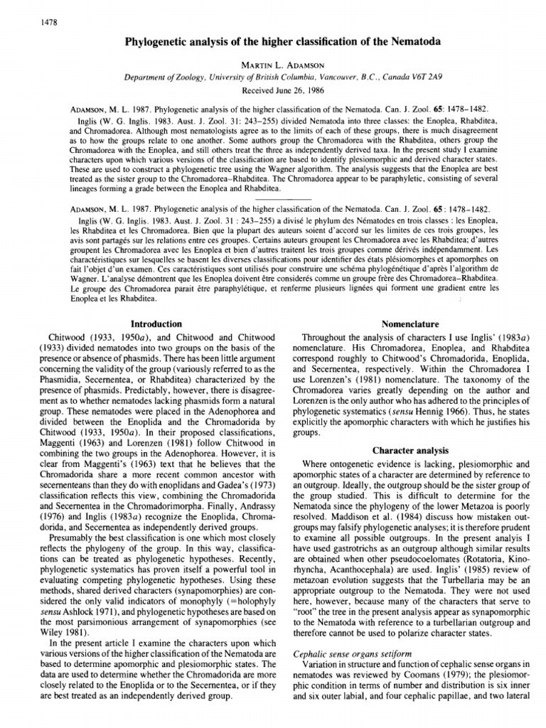 Adamson - Phylogenetic Higher Classification of Nematoda | PDF