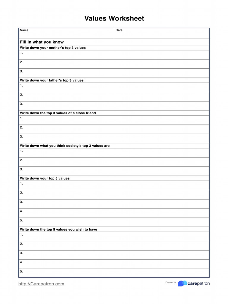 Values Worksheets | PDF