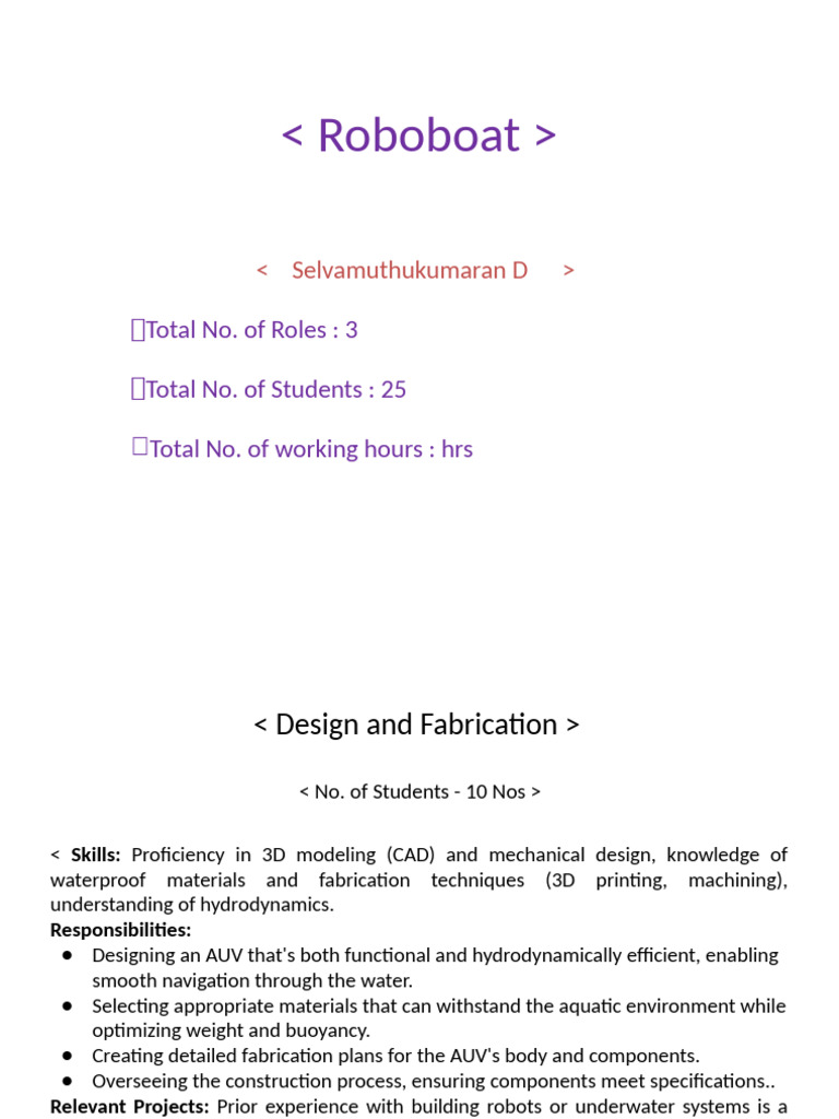 Roboboat - Role Description - Selvamuthukumaran | PDF