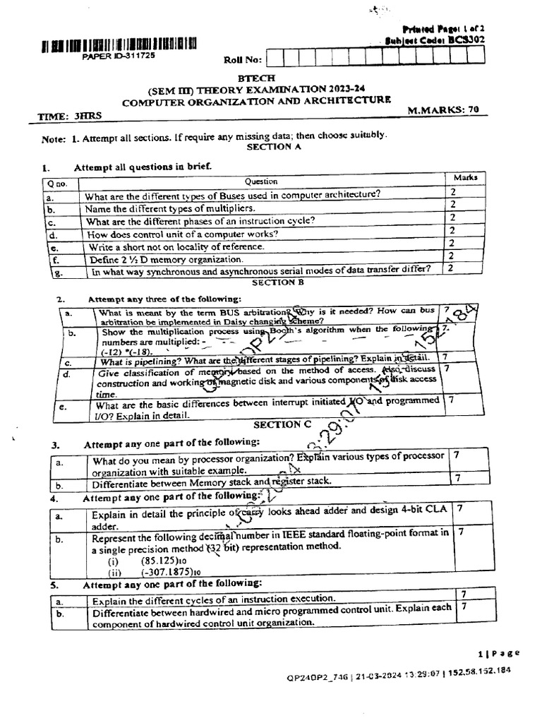 Btech Cs 3 Sem Computer Organization and Architecture Bcs302 2024 | PDF