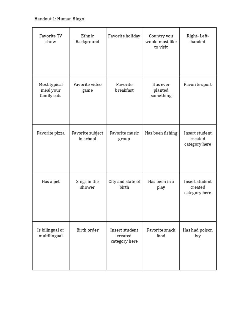 Handout 1 Human Bingo | PDF | Language Arts & Discipline | Wellness
