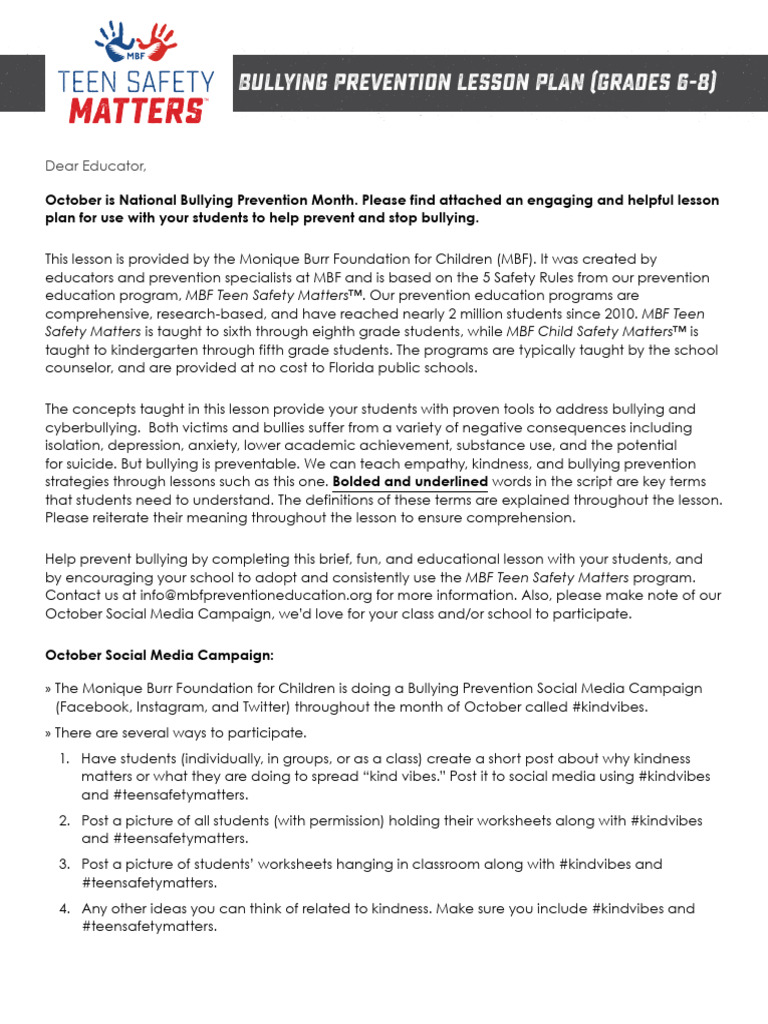 Bullying Prevention Lesson Plan - 6 8 - Natl - Oct2017 | PDF | Bullying ...