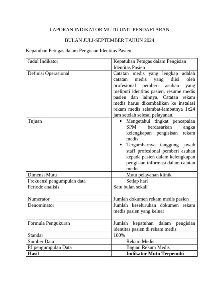 Laporan Mutu Per Unit | PDF