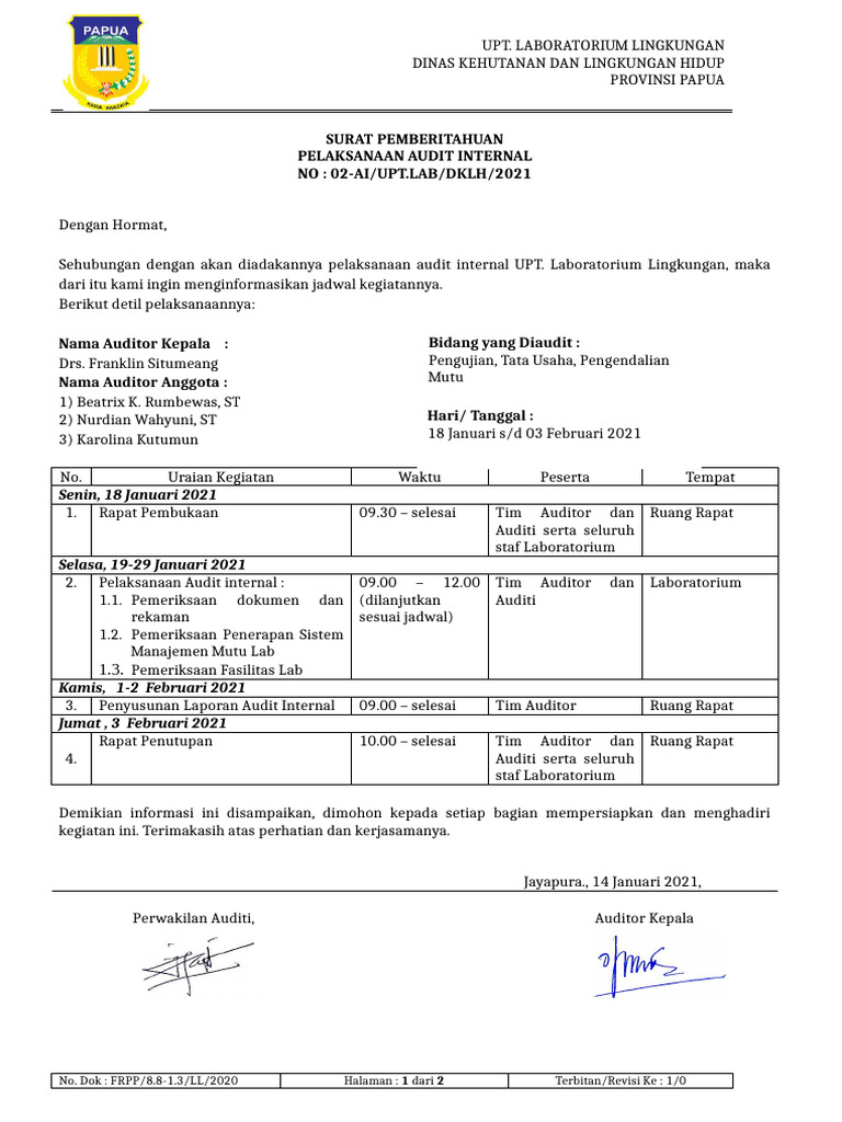 Form 8.8-1.3 SURAT PEMBERITAHUAN PELAKSANAAN AUDIT INTERNAL | PDF