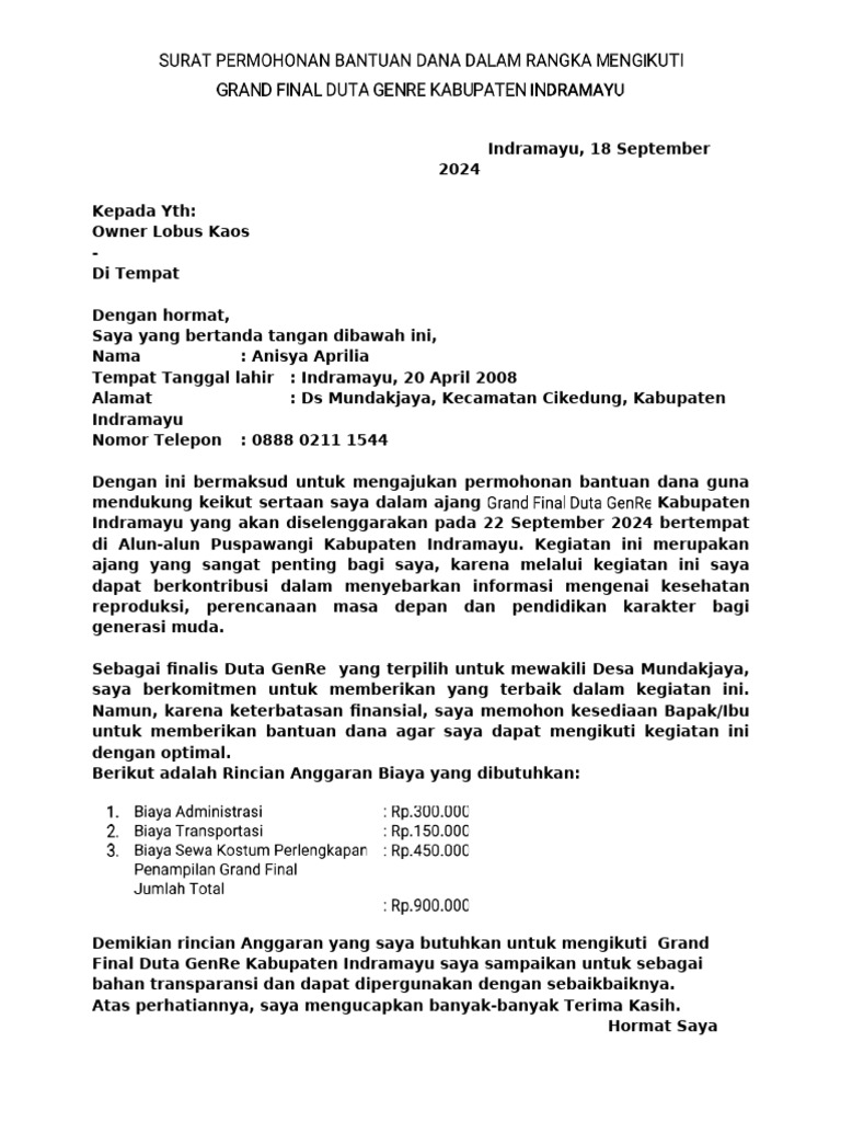 Surat Permohonan Bantuan Dana Dalam Rangka Mengikuti Grand Final Duta ...