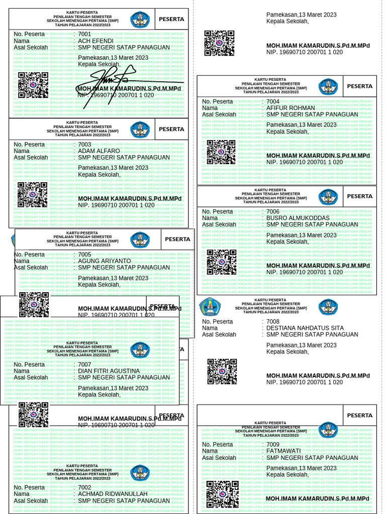 Kartu PesertaPTS 7,8 & PAT 9 2023 | PDF