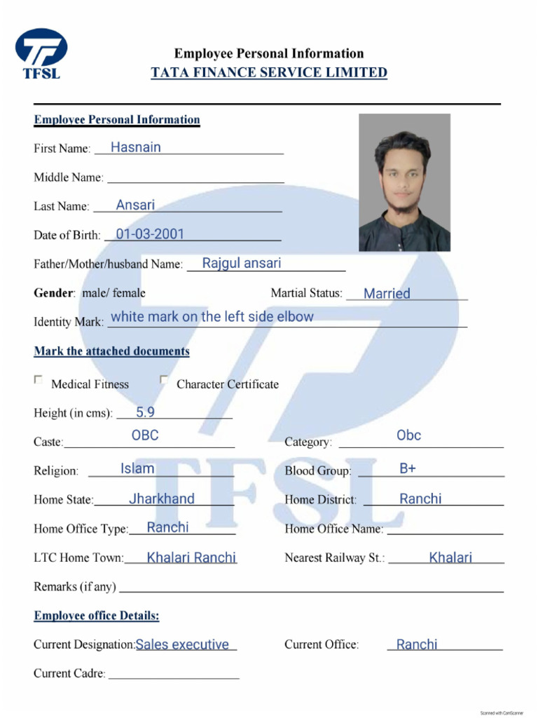 Tata Finance Service Limited Joining Form 2023 - 2024 | PDF