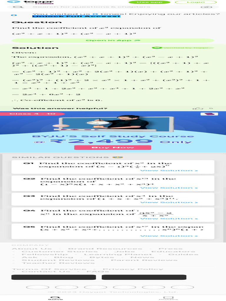 Find The Coefficient of X 2 Expansion of (X 2 + X + 1) 2 + (X 2 - X + 1 ...