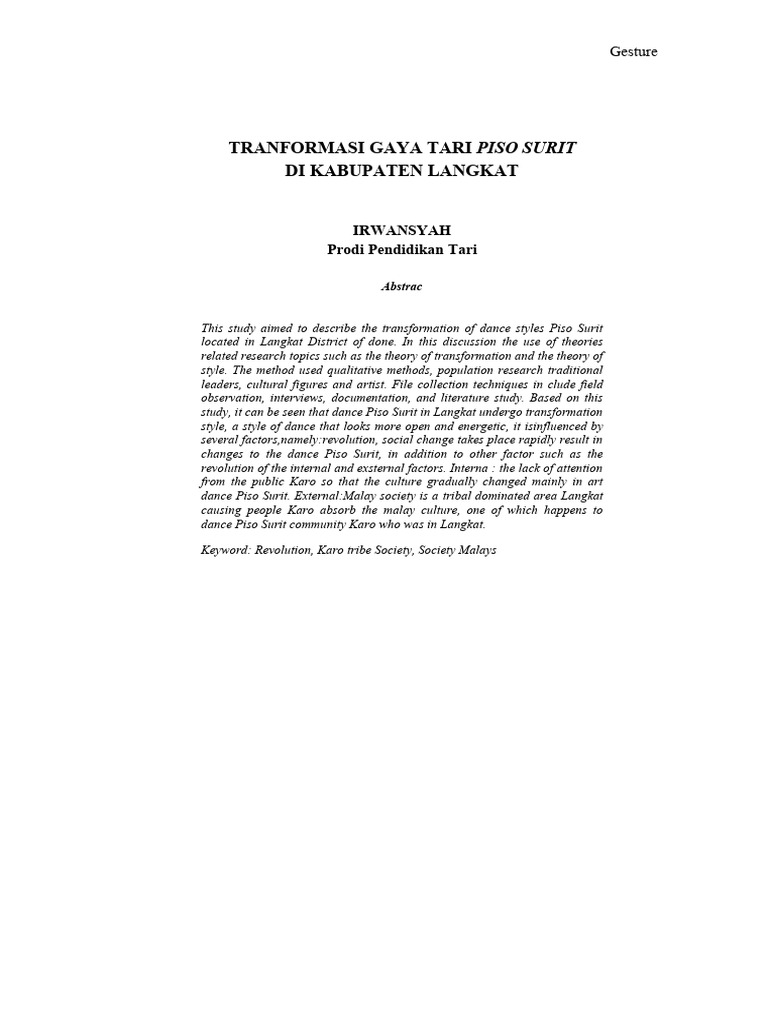 Tranformasi Gaya Tari Piso Surit Di Kabupaten Lang | PDF