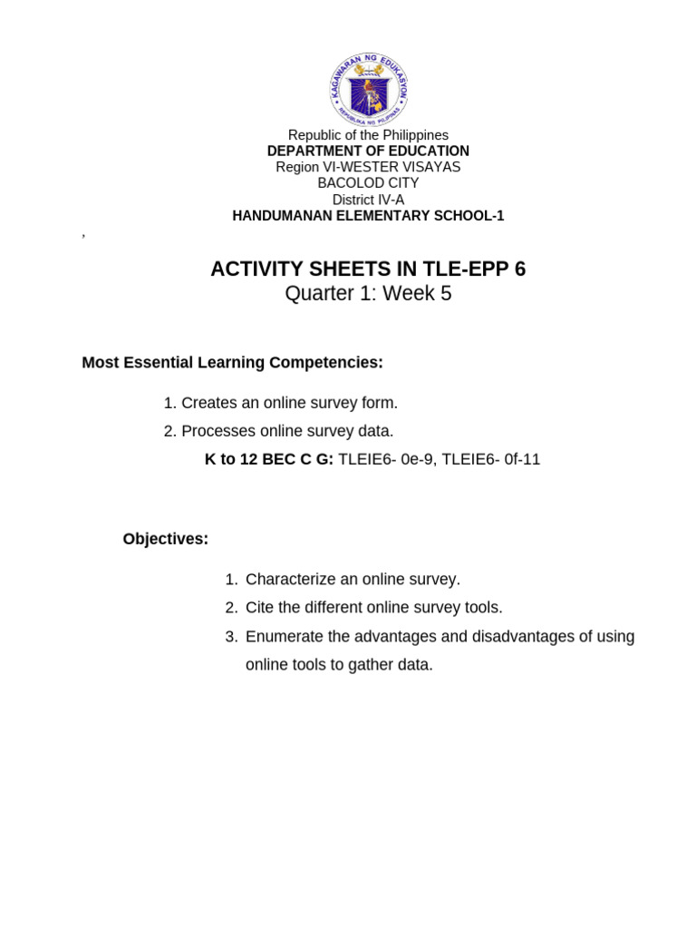 EPP TLE 6 AS Quarter 1 Week 5 ACTIVITY SHEETS PERFORMANCE TASK | PDF ...