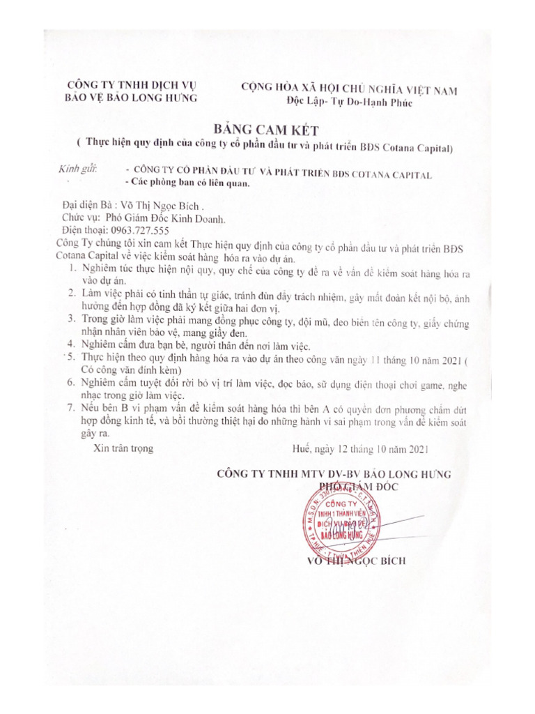 Ban Cam Ket BAO VE BAO LONG HUNG | PDF