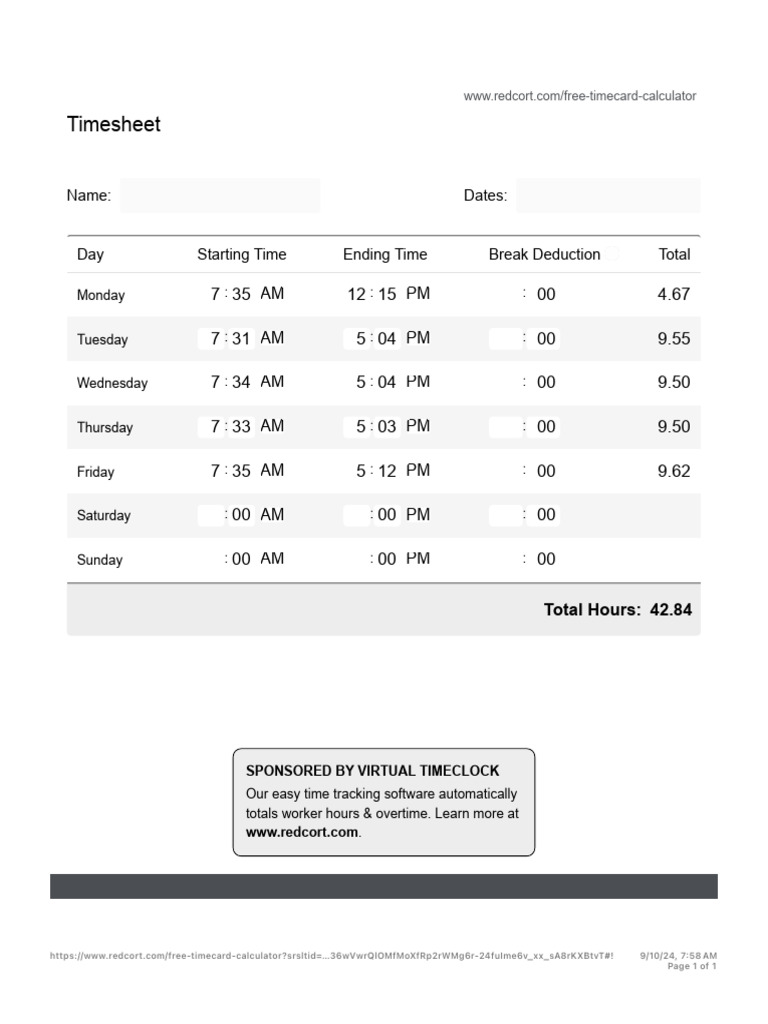 Time Card Calculator - TimeSheet Calculator - Hours Calculator | PDF