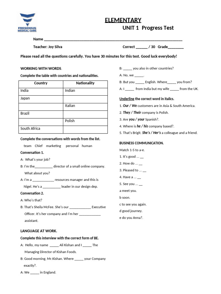 Elementary Unit 1 | PDF