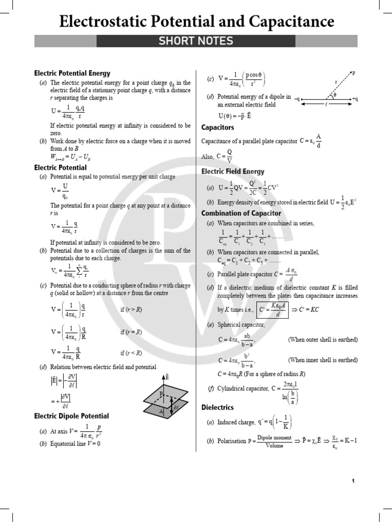 Electrostatic Potential and Capacitance - Short Notes | PDF