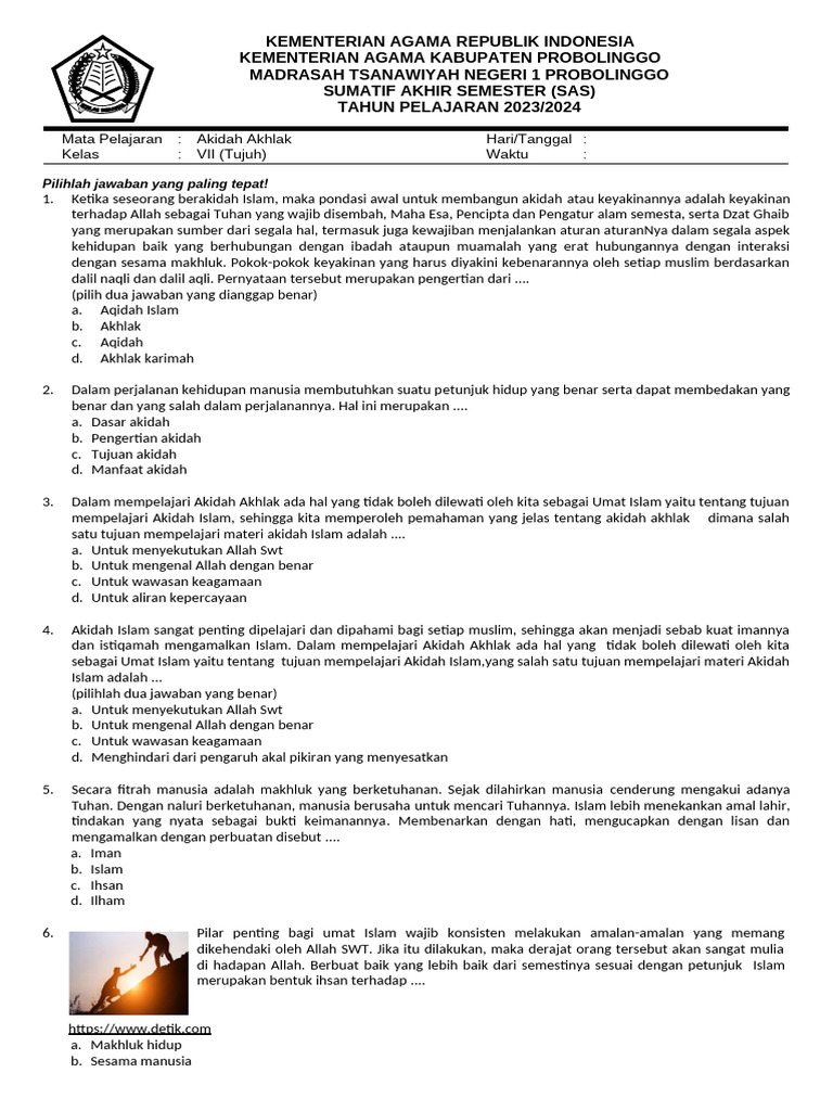 Master Soal Akidah Akhlak 7 20233 | PDF