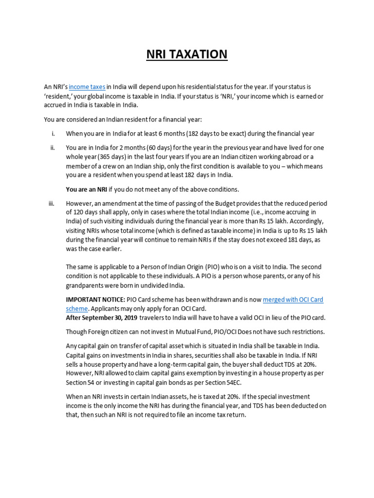 Take Away Note - NRI Taxation | PDF