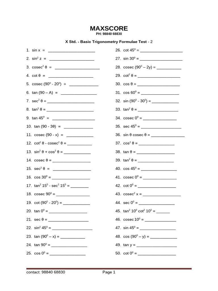 Basic Trig Formula Test 02 | PDF