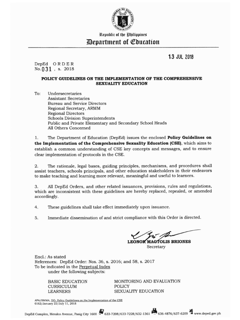 8 DepED or 2018 031 Policy Guidelines On CSE Implementation | PDF