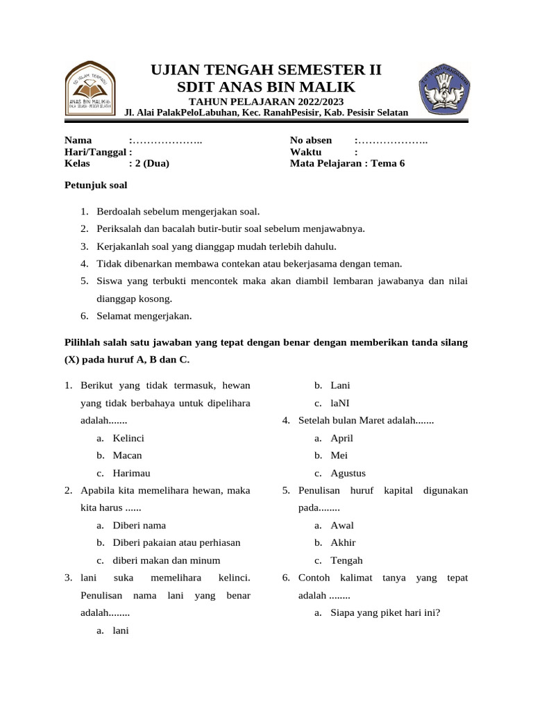 Soal Ujian Tema 6 Kelas 2 - 051738 | PDF