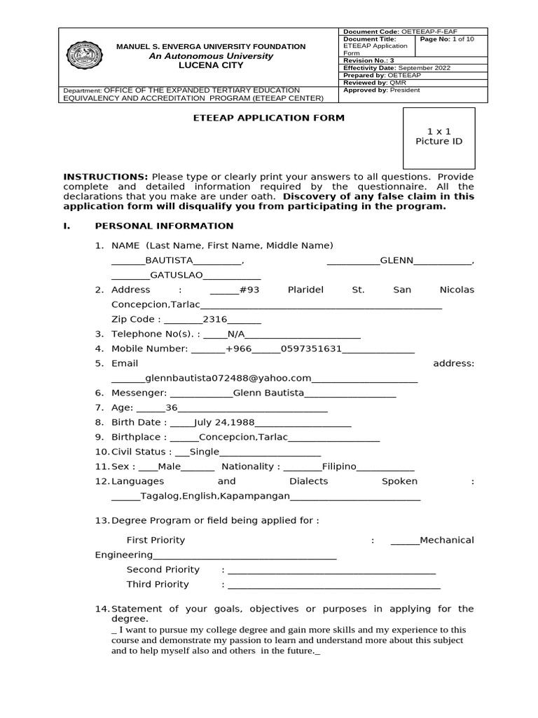 1-ETEEAP Application September-2022 | PDF