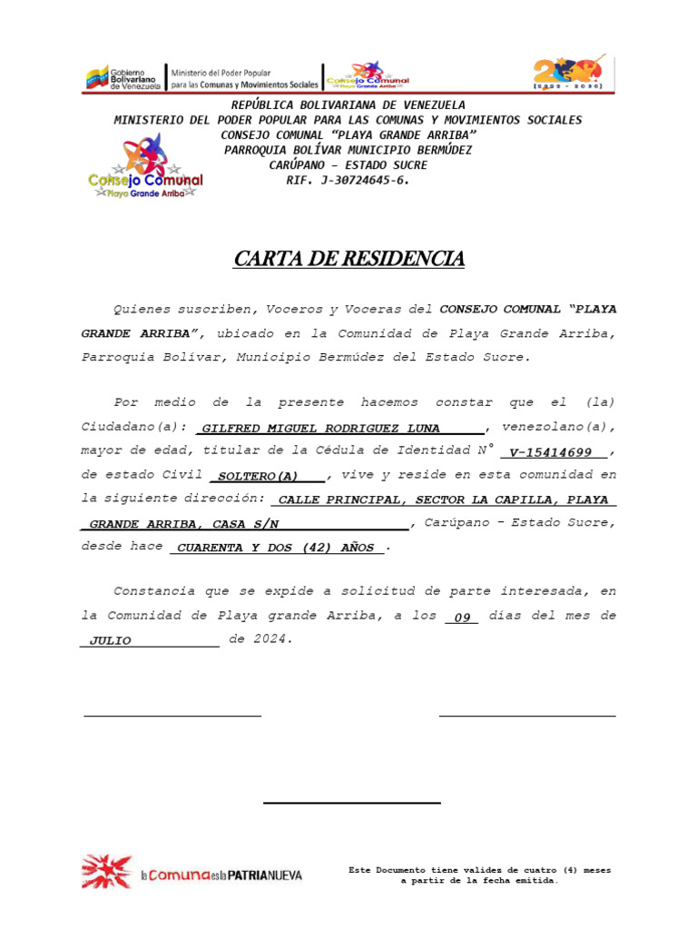 Carta de Residencia Gilfred | PDF
