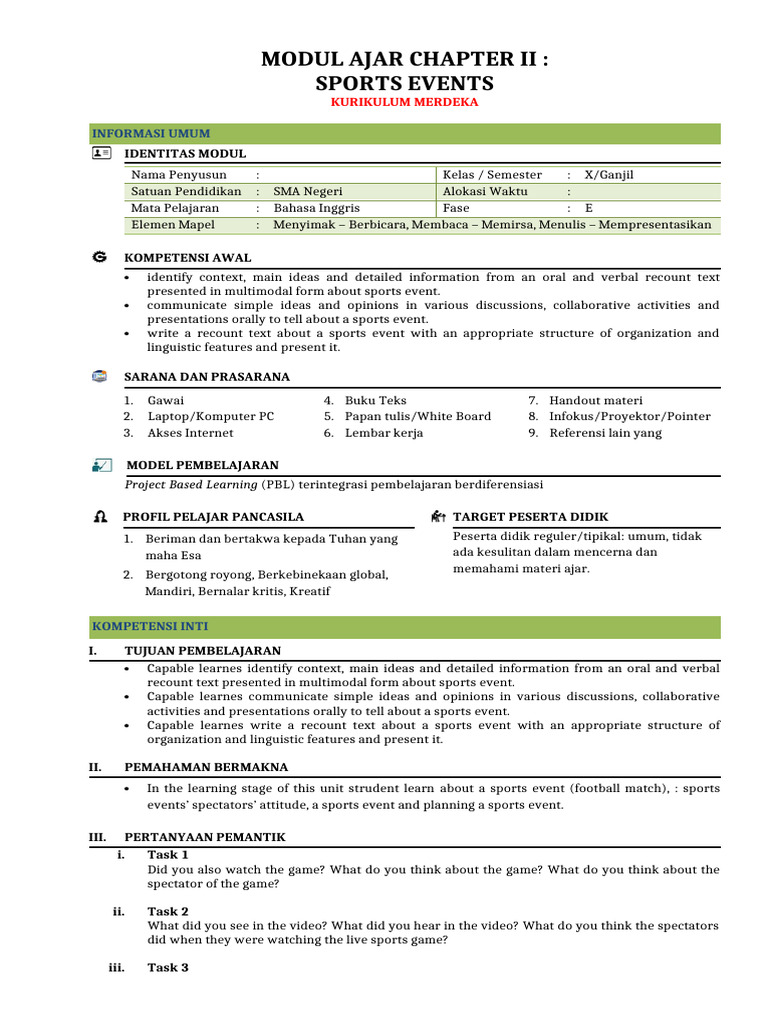 Modul Ajar Chapter II Sports Events | PDF