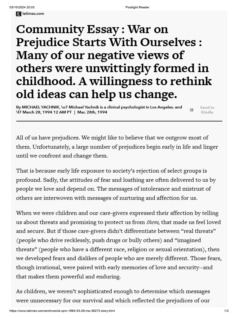 Community Essay - War On Prejudice Starts With Ourselves - by Michael ...