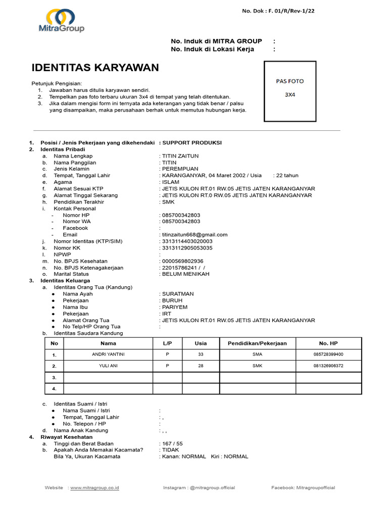 TITIN ZAITUN - Form Identitas Mitra Group (WAJIB PRINT) | PDF
