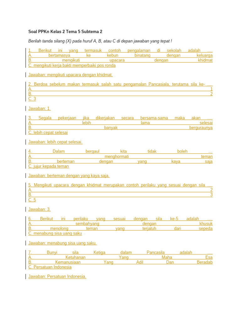 Soal PPKN Kelas 2 Tema 5 Subtema 2 | PDF
