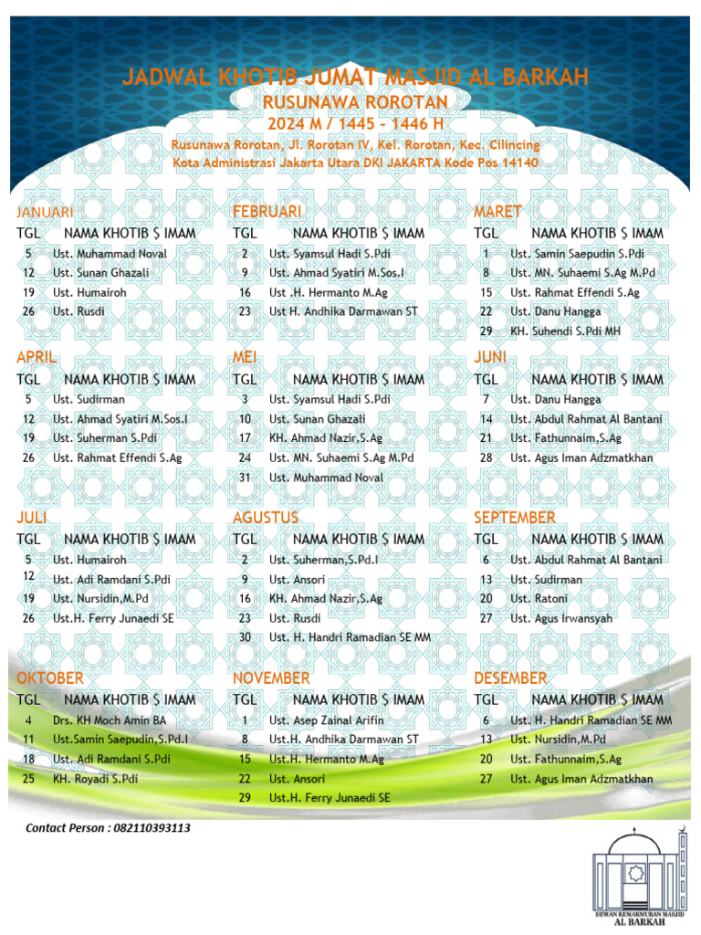 Jadwal Khotib Jumat Masjid Al Barkah Tahun 2024 | PDF