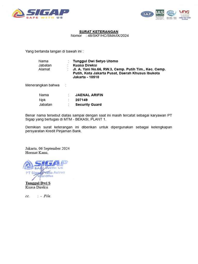 2024 - Jaenal Arifin - MTM - Bekasi, Plant 1 | PDF | Business | Law