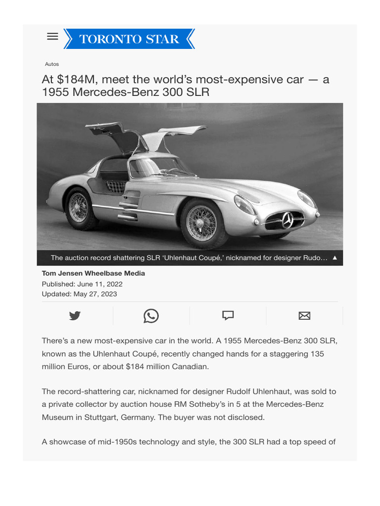 The Most Expensive Car Is Now The $184M 1955 Mercedes-Benz 300 SLR | PDF