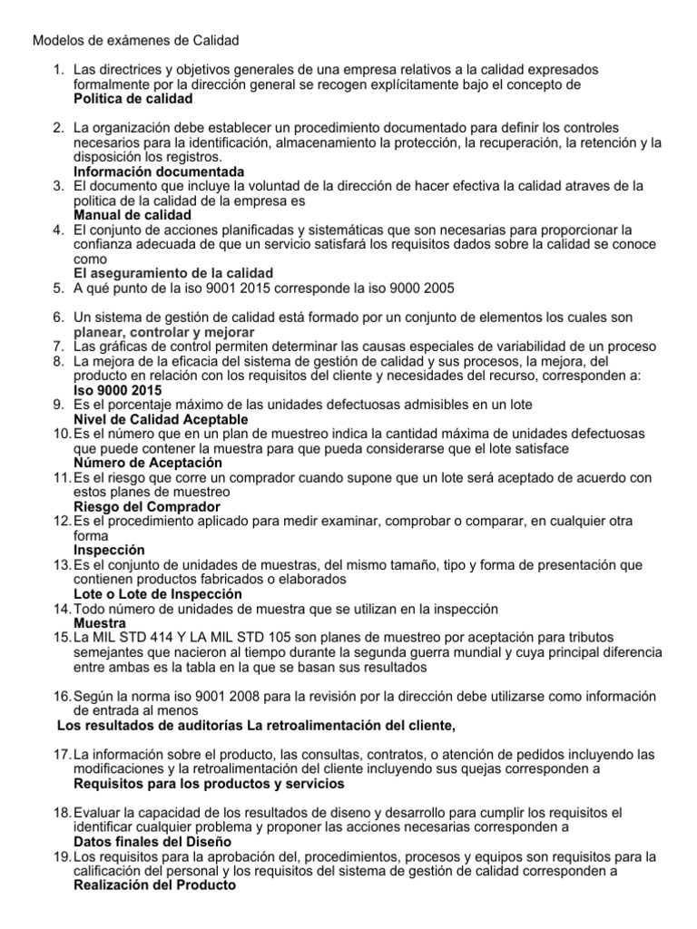 Examen de Mesa Calidad | PDF