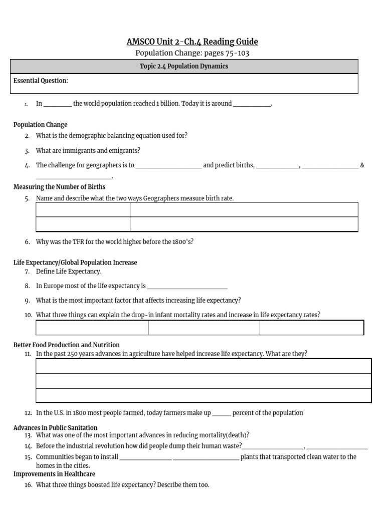 AMSCO Unit 2 CH 4 Population Change RDNG Guide | PDF