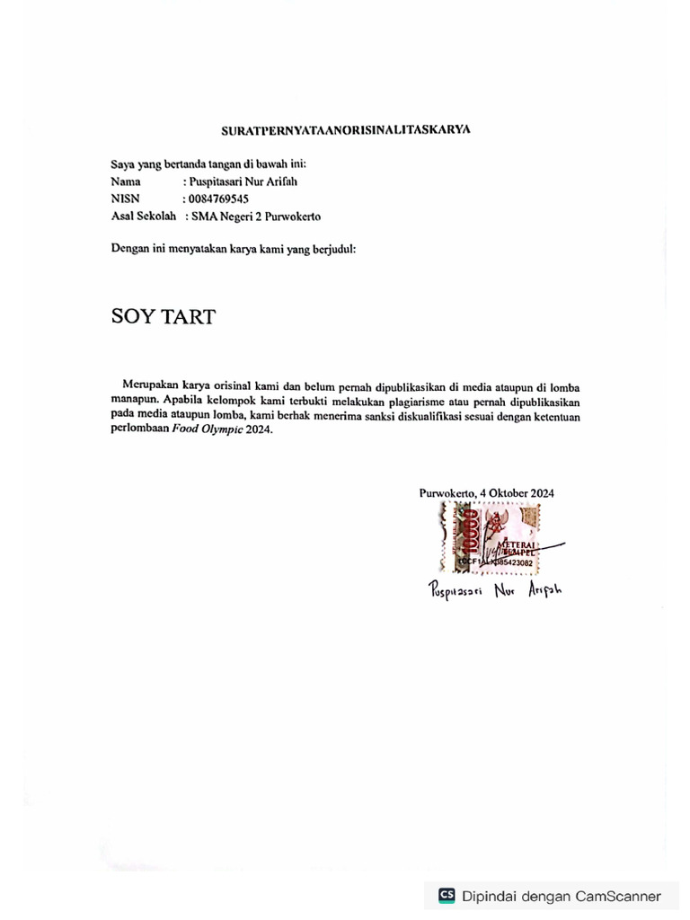 Surat Pernyataan Orisinalitas Karya Soy Tarttt | PDF