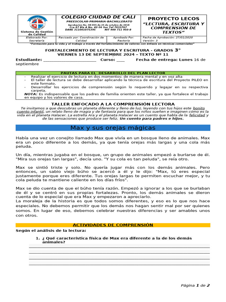 Plan Lector Texto N11 Grado 3 | PDF