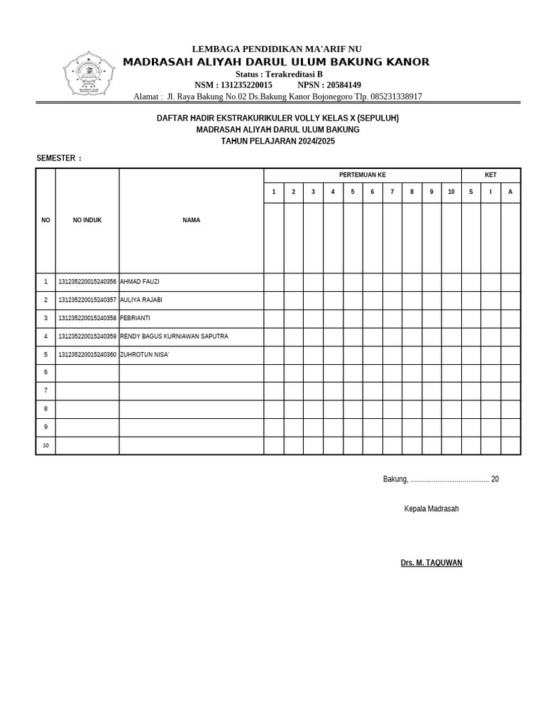 Absensi Ekstra Volly 24-25 | PDF