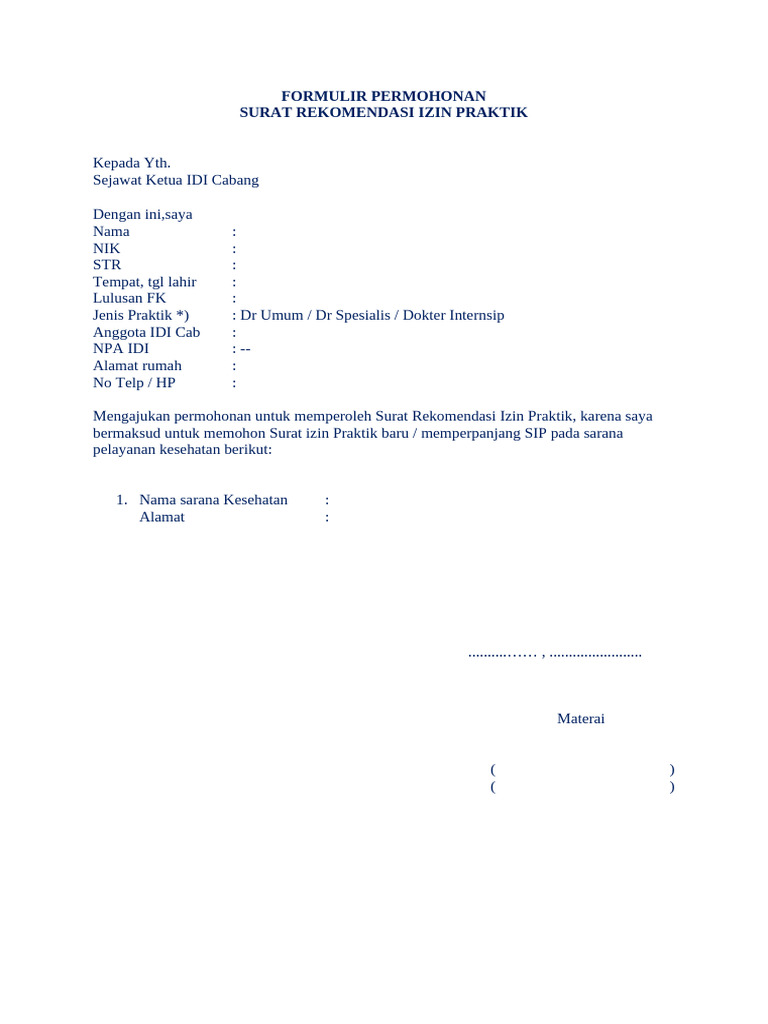 Formulir Permohonan SIP - IDI | PDF