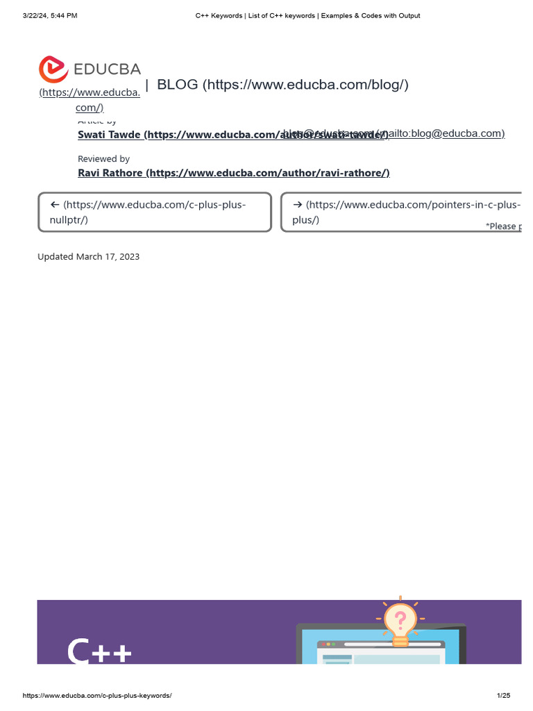 C++ Keywords - List of C++ Keywords - Examples & Codes With Output | PDF
