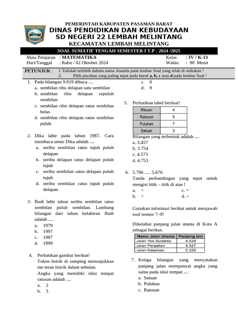 SOAL STS 1 MATEMATIKA | PDF