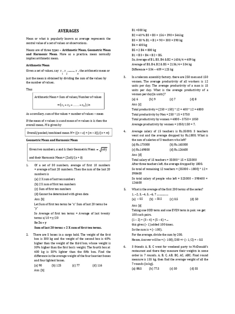 Averages: Arithmetic Mean, Geometric Mean and Harmonic Mean | PDF | Ratio | Mathematics
