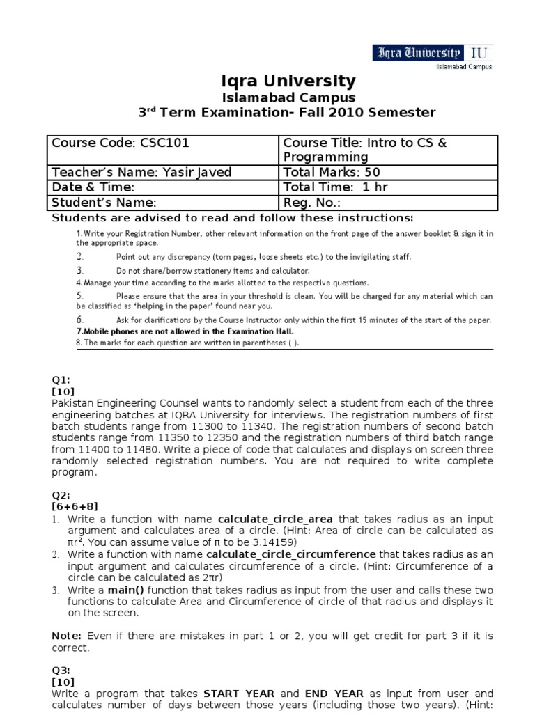 Iqra University: Islamabad Campus 3 Term Examination-Fall 2010 Semester ...