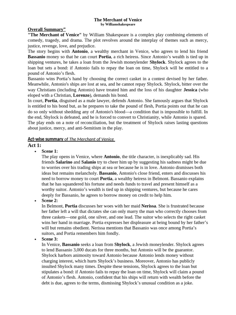 The Merchant of Venice - Summary and Analysation | PDF