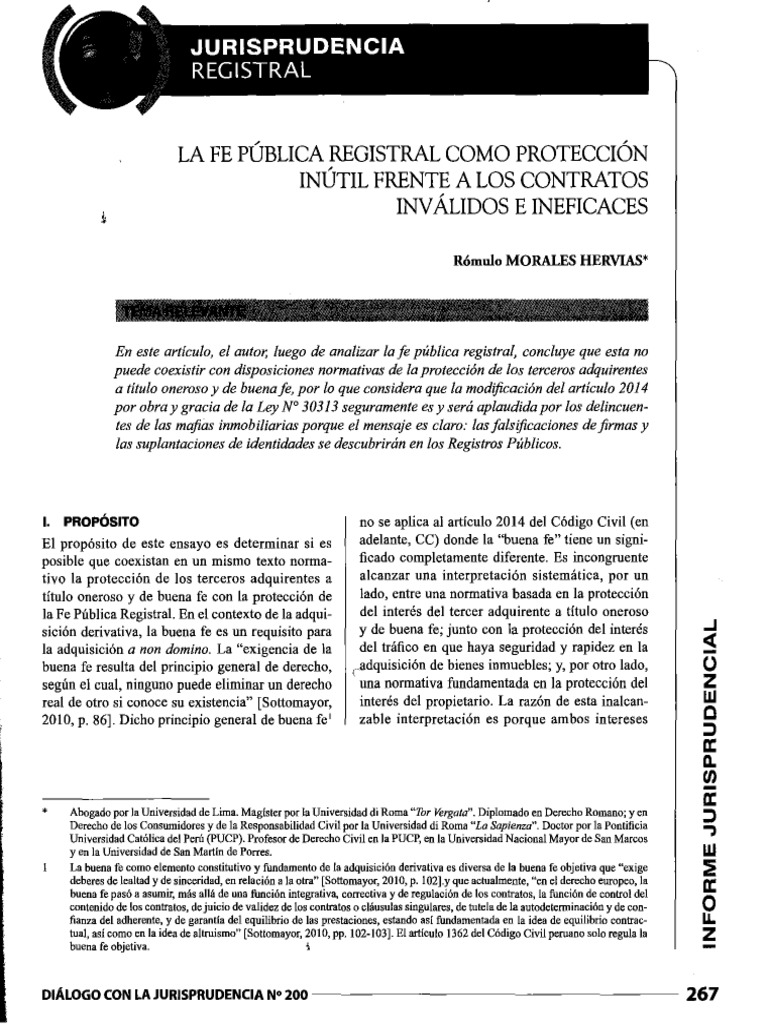 MORALES, Rómulo. La Fe Pública Registral Como Protección Inútil Frente ...