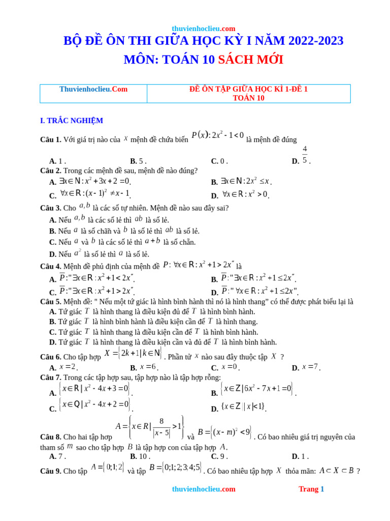 Bo de Thi Giua HK1 Toan 10 Sach Moi 2022 2023 | PDF