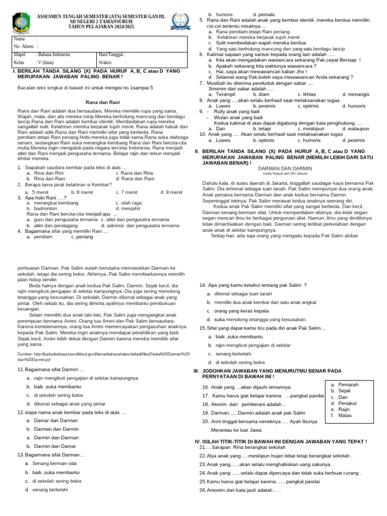 Soal ATS Ganjil Kls. 5 BHS. INDONESIA 2024 2025 | PDF