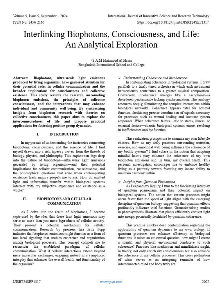 Interlinking Biophotons, Consciousness, and Life: An Analytical ...